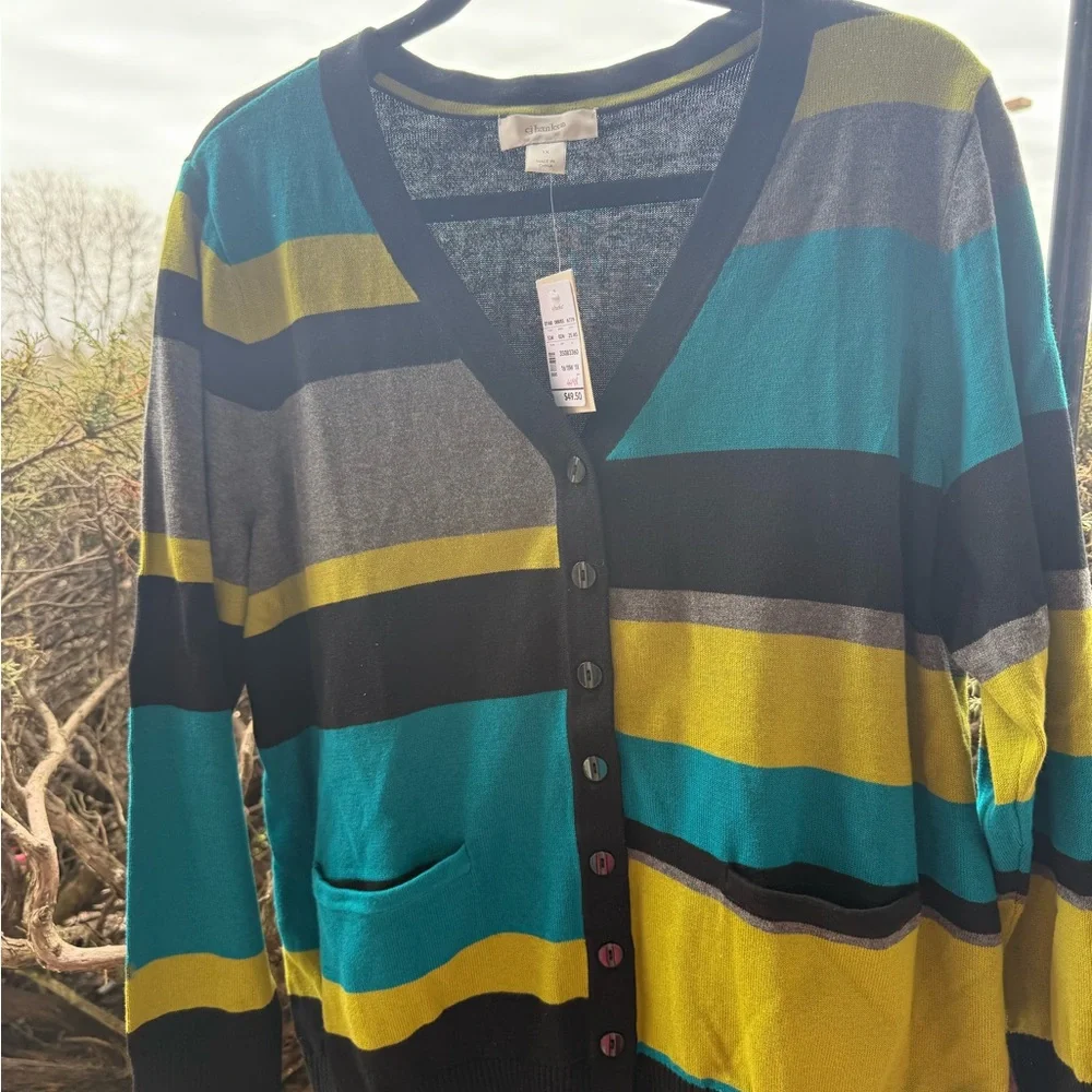 CJ Banks | Sweaters | Cj Banks Gray Teal Yellow Black Striped Vneck ...